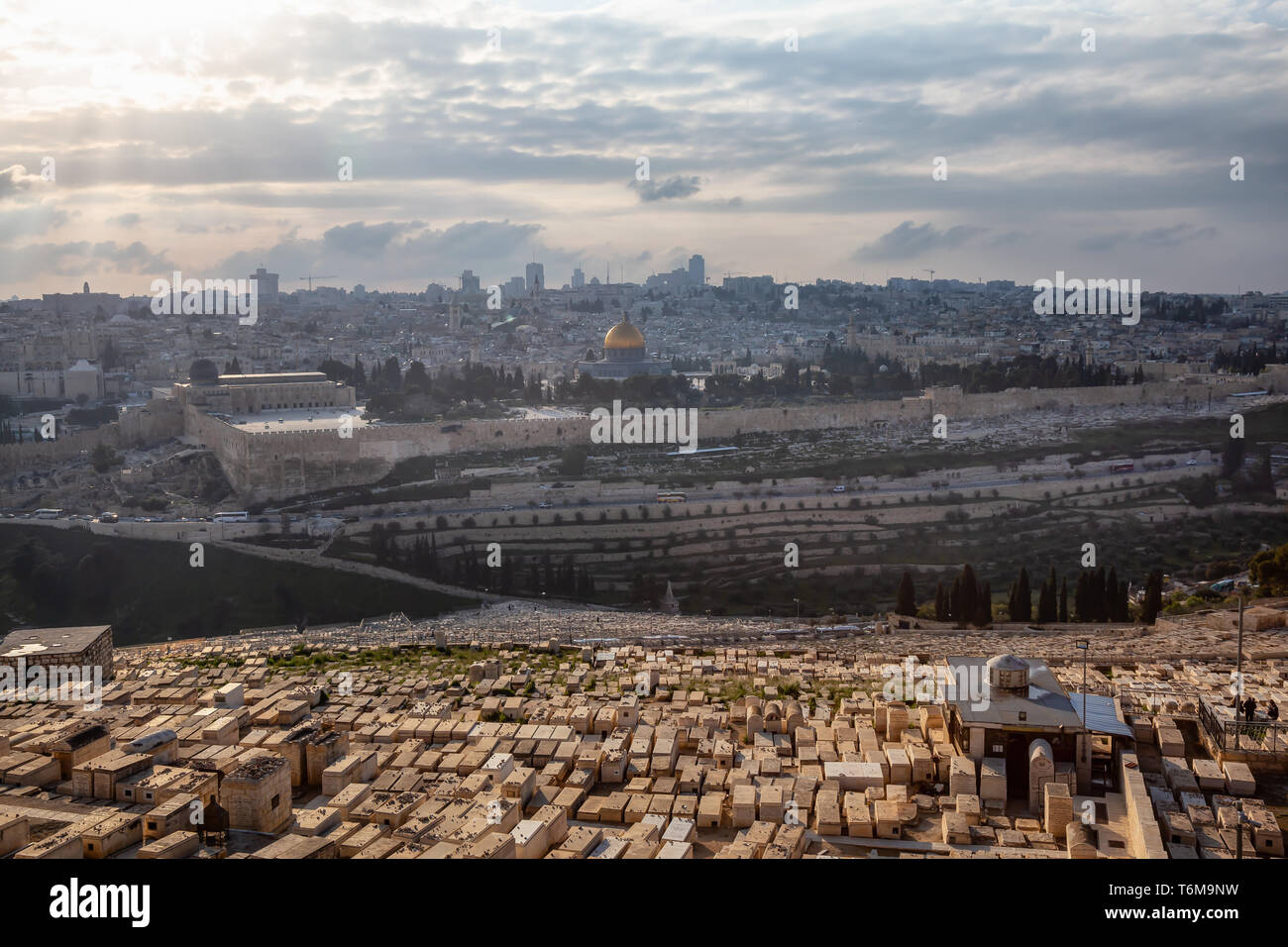 Beautiful aerial view of the Old City, Tomb of the Prophets and Dome of ...