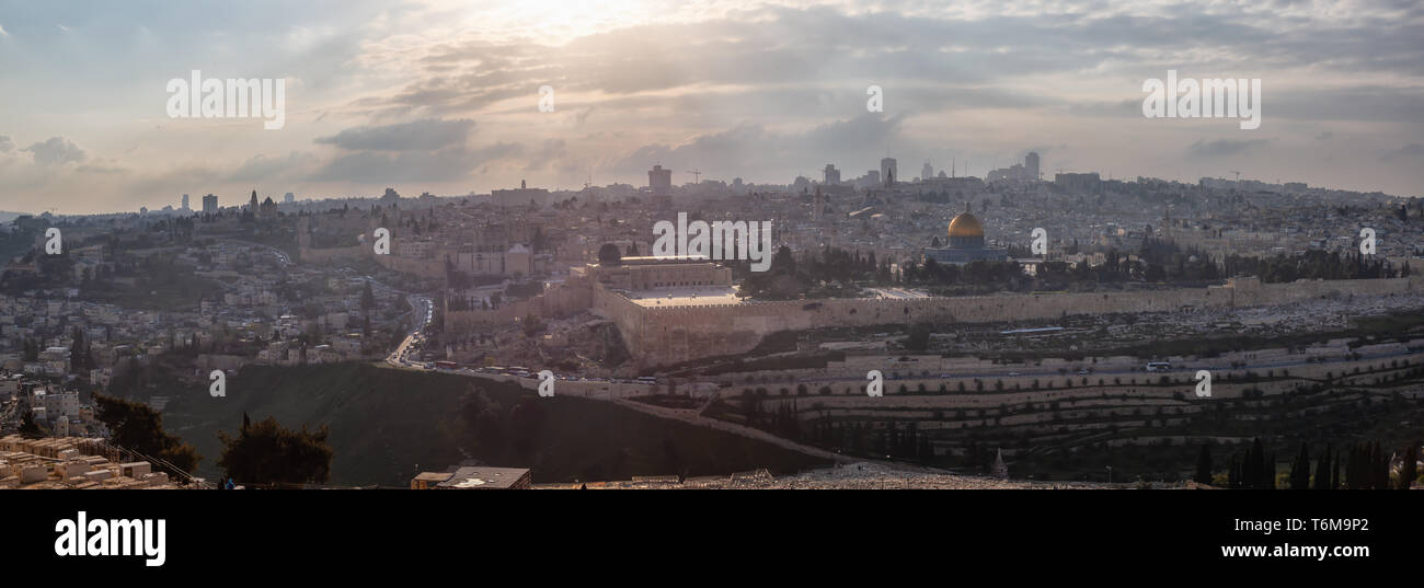 Beautiful panoramic aerial view of the Old City and Dome of the Rock ...