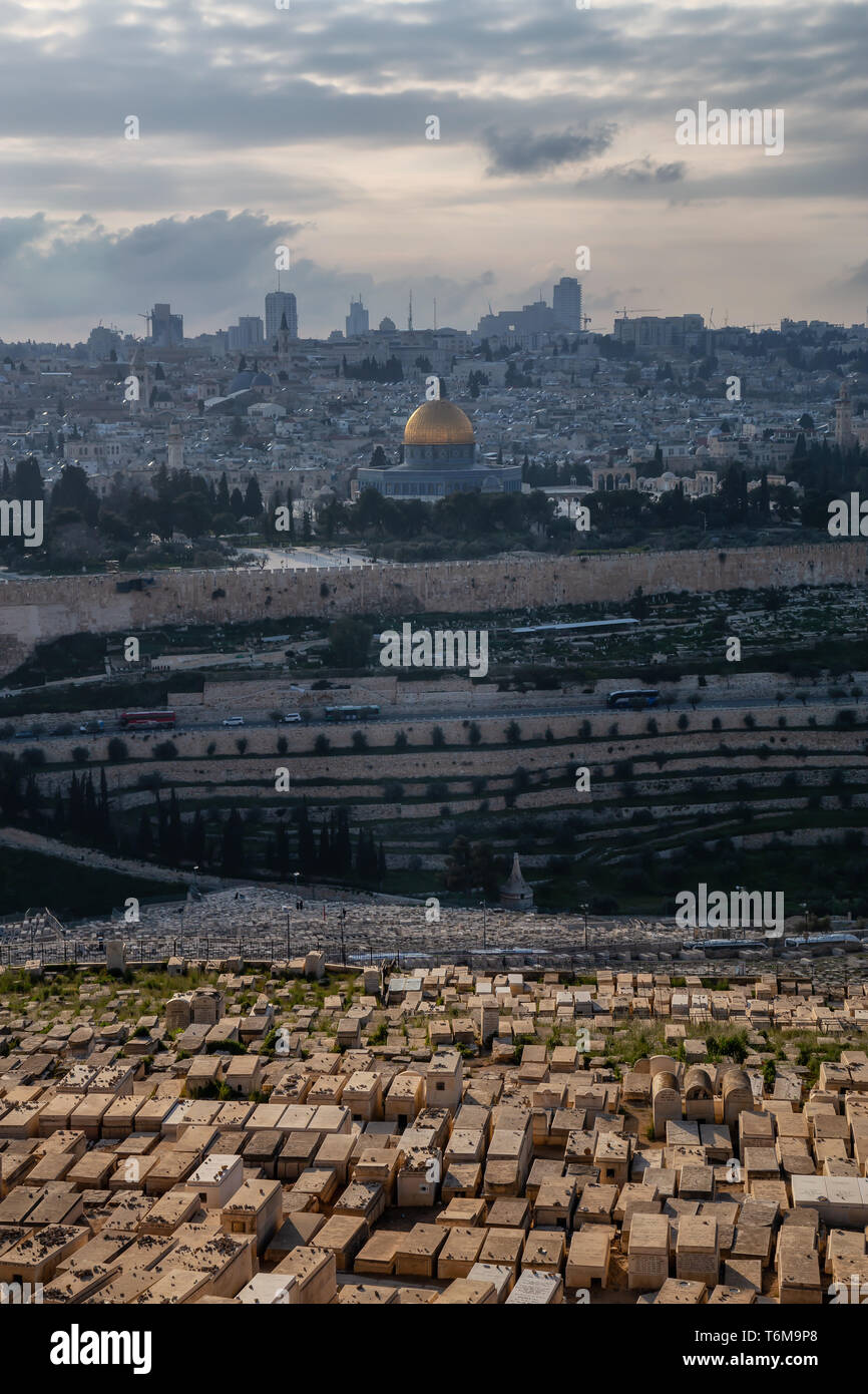 Beautiful aerial view of the Old City, Tomb of the Prophets and Dome of ...