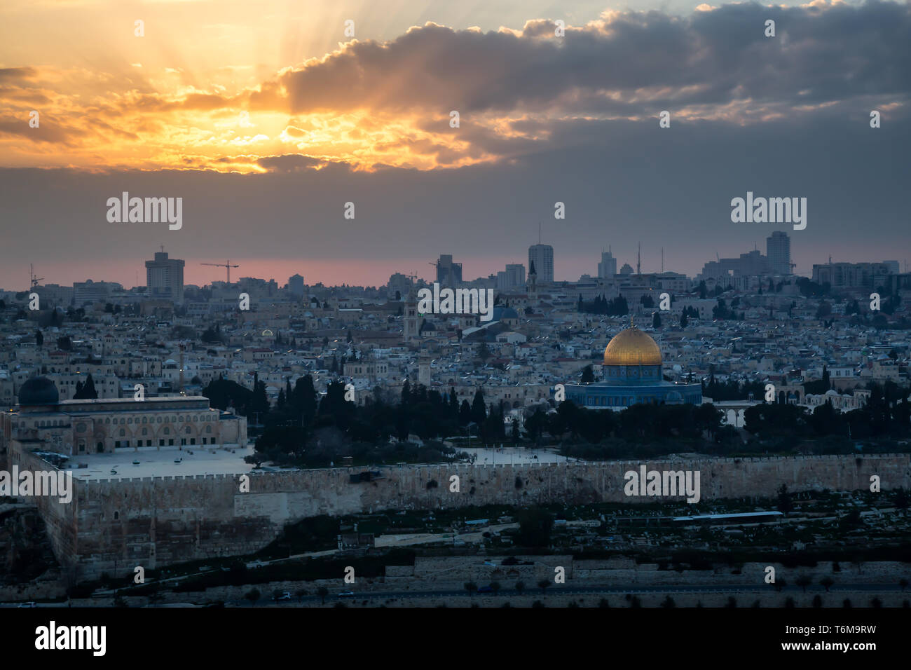 Beautiful aerial view of the Old City and Dome of the Rock during a ...
