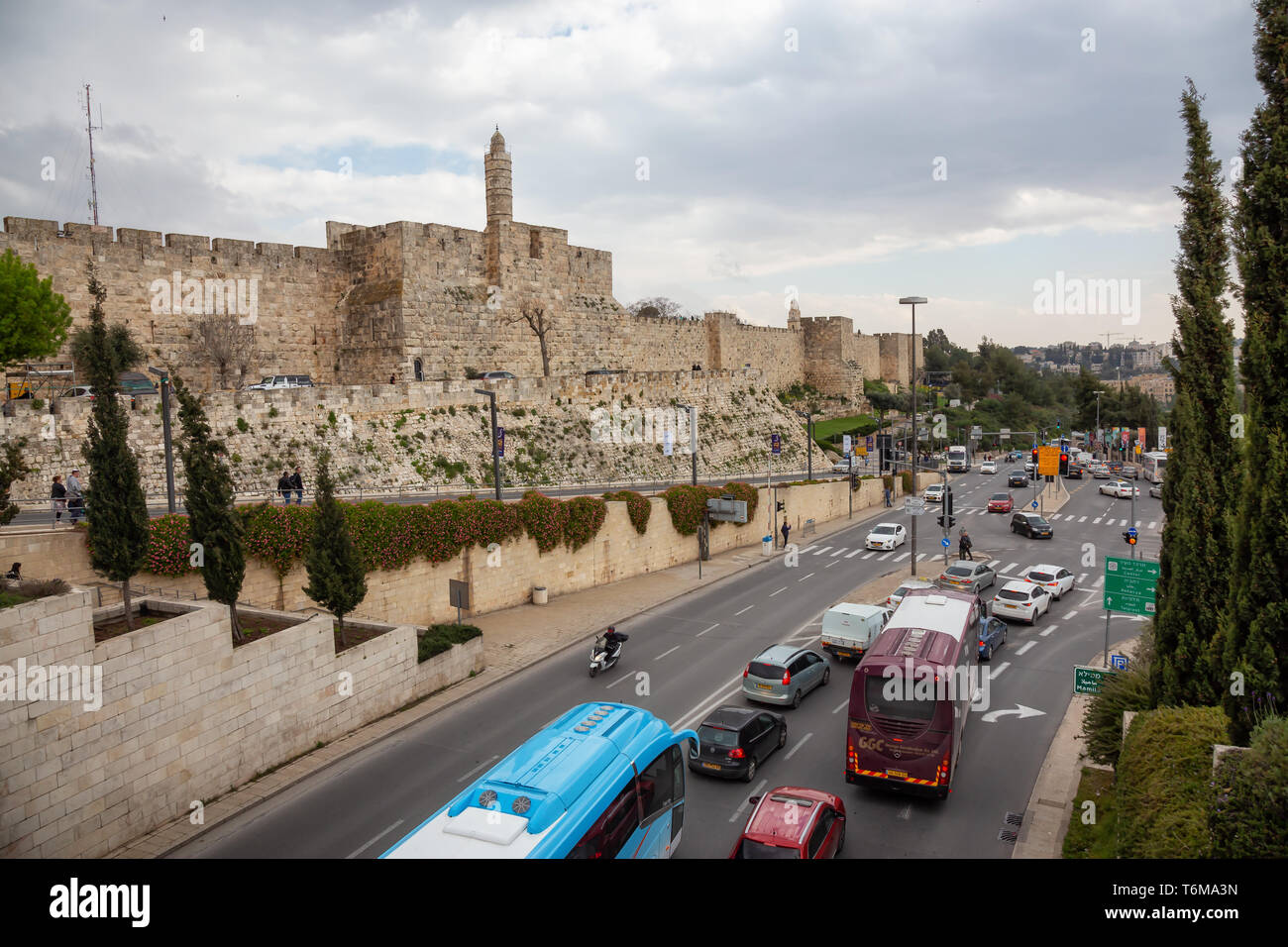Old City, Jerusalem, Israel - April 2, 2019: Busy streets with cars and ...