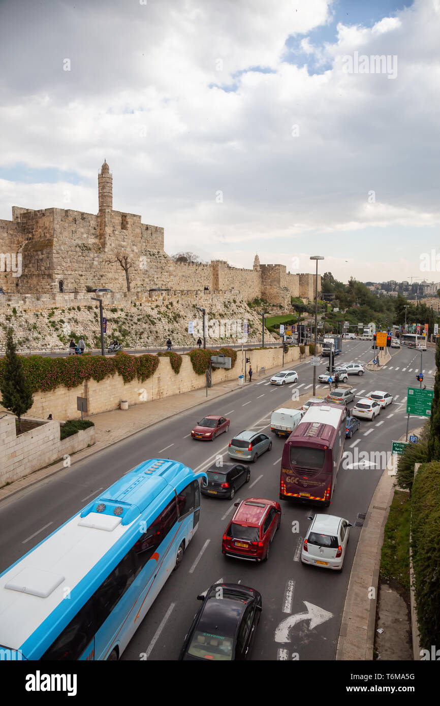 Old City, Jerusalem, Israel - April 2, 2019: Busy streets with cars and ...