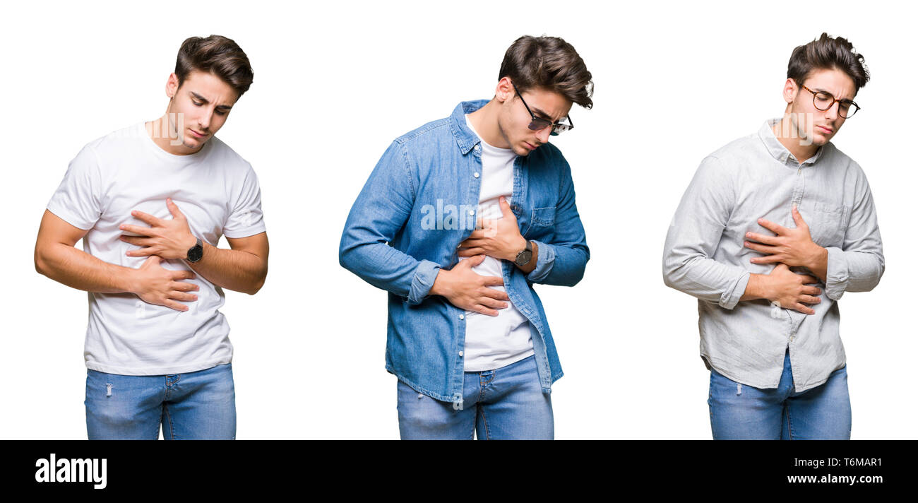 Collage of young handsome man over isolated background with hand on ...