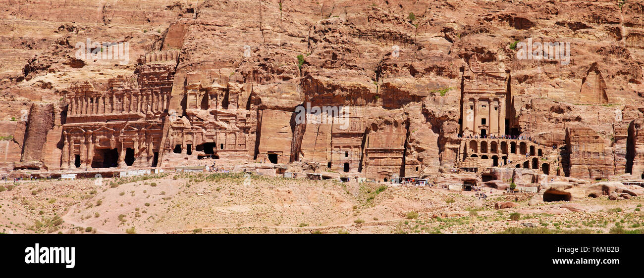 Panoramic view of Royal Tombs carved in the rock, Petra, Jordan Stock ...