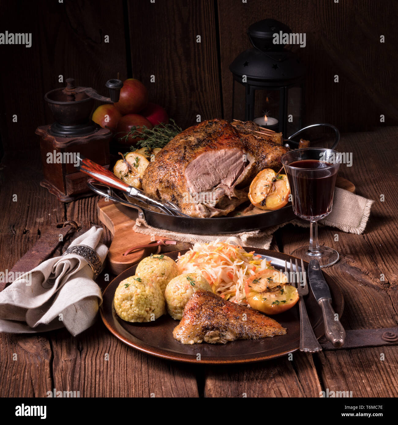 classic and crispy roasted duck with cabbage and dumplings Stock Photo ...