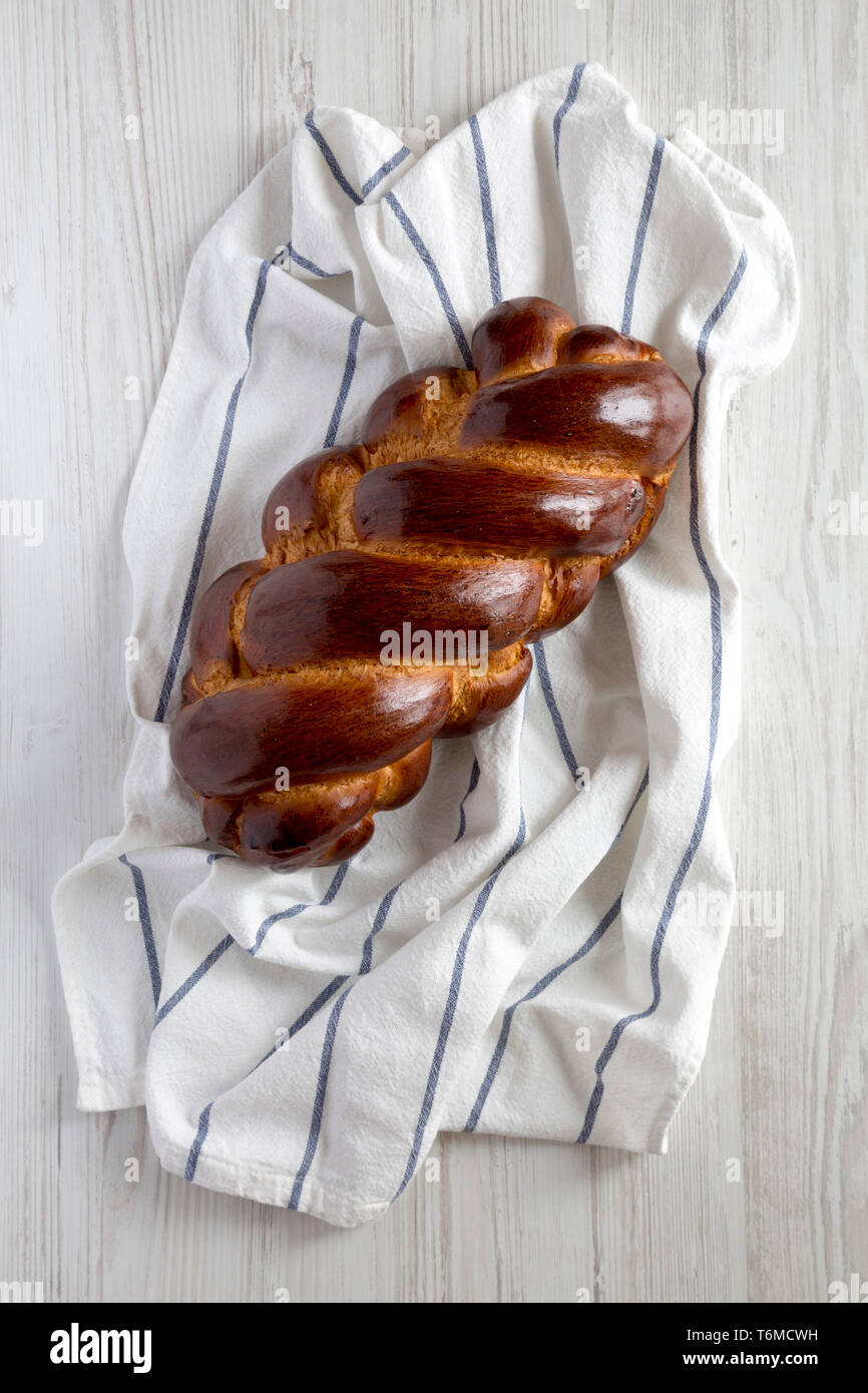 Homemade jewish challah bread on cloth, top view. From above, overhead ...