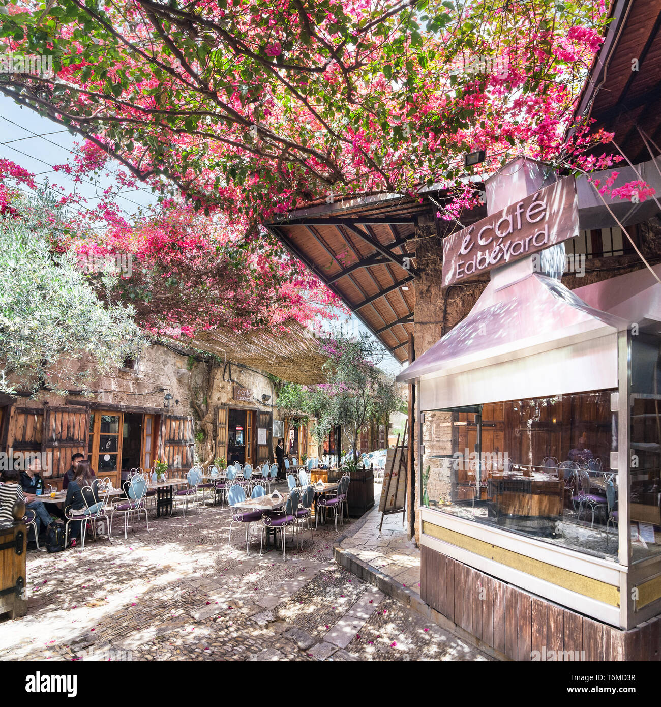 Outdoor terrace of a restaurant in Byblos old souk, Jbeil, Lebanon ...