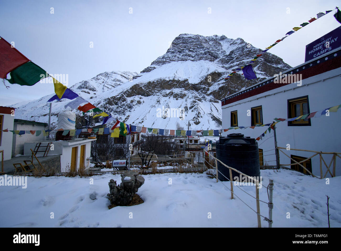 Snow covered traditional home stays and interior of Buddhist buildings ...