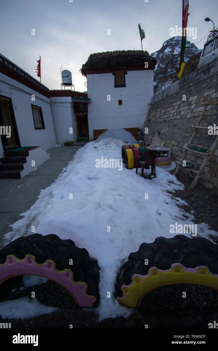 Snow covered traditional home stays and interior of Buddhist buildings ...