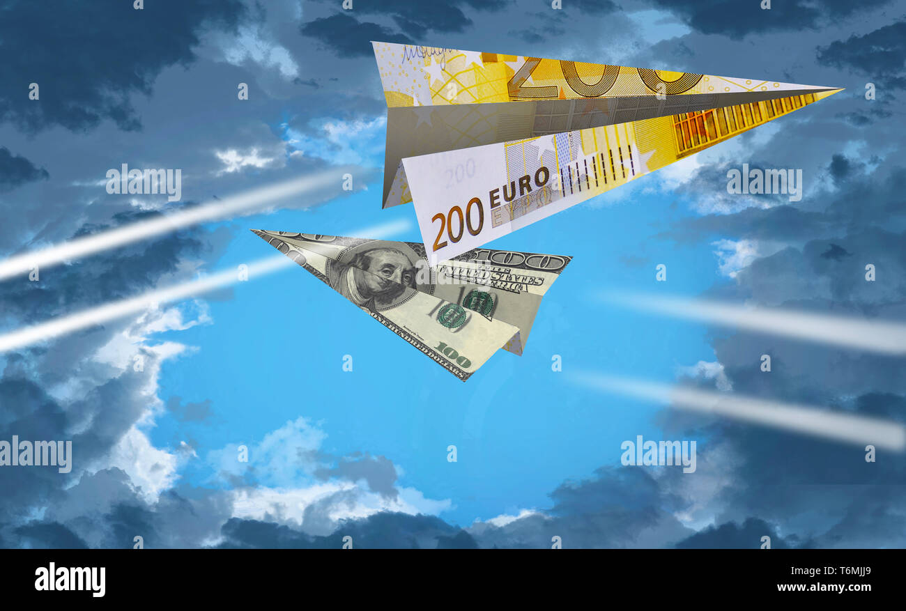 A paper airplane made of a 200 Euro note flies past another plane made ...