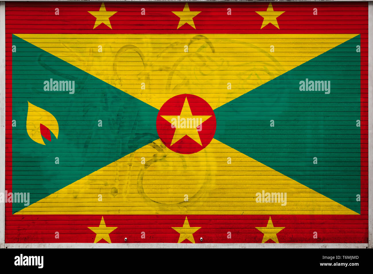 Close-up of old metal wall with national flag of Grenada. Concept of ...