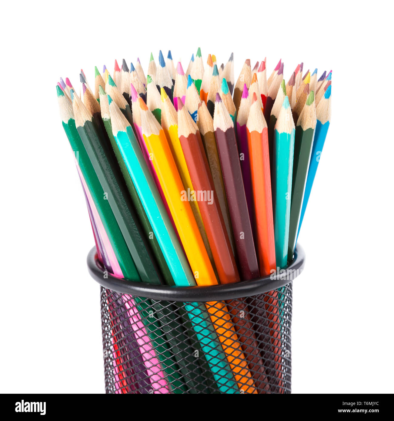 Colorful pencils in a black basket over a white background Stock Photo ...