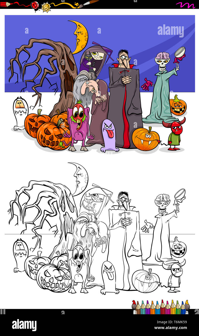 scary Halloween cartoon characters coloring book Stock Photo - Alamy