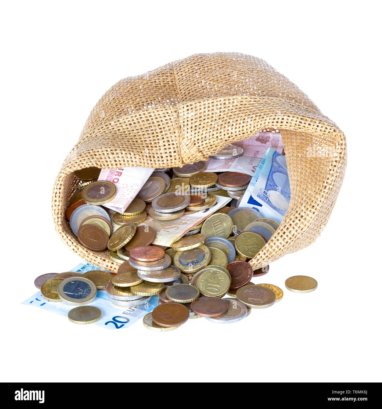 Money bag with coins and banknotes isolated over white Stock Photo - Alamy