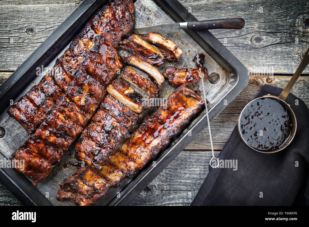Barbecue spare ribs St Louis cut with hot honey chili marinade as top ...