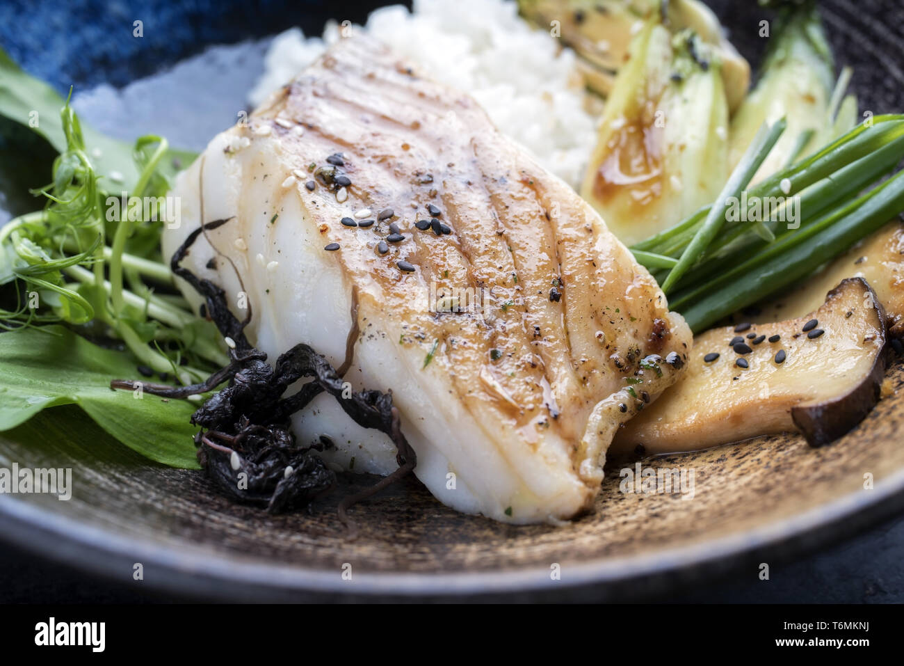 Modern Japanese fried cod fish filet with bok choi and rice as top view ...