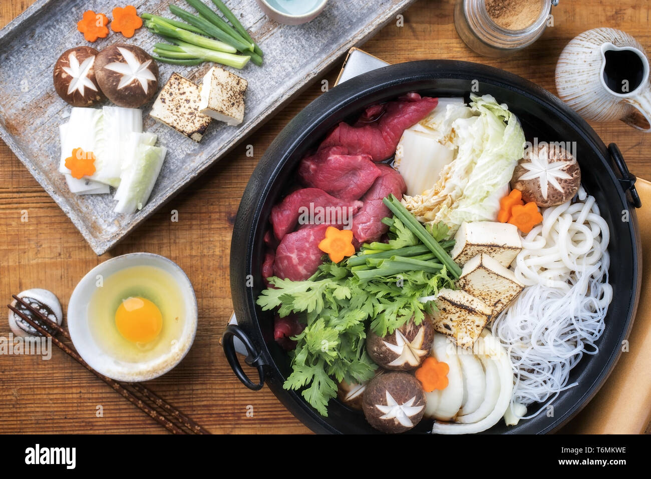 Traditional Sukiyaki pot with Kobe Beef and Vegetable as close-up on ...