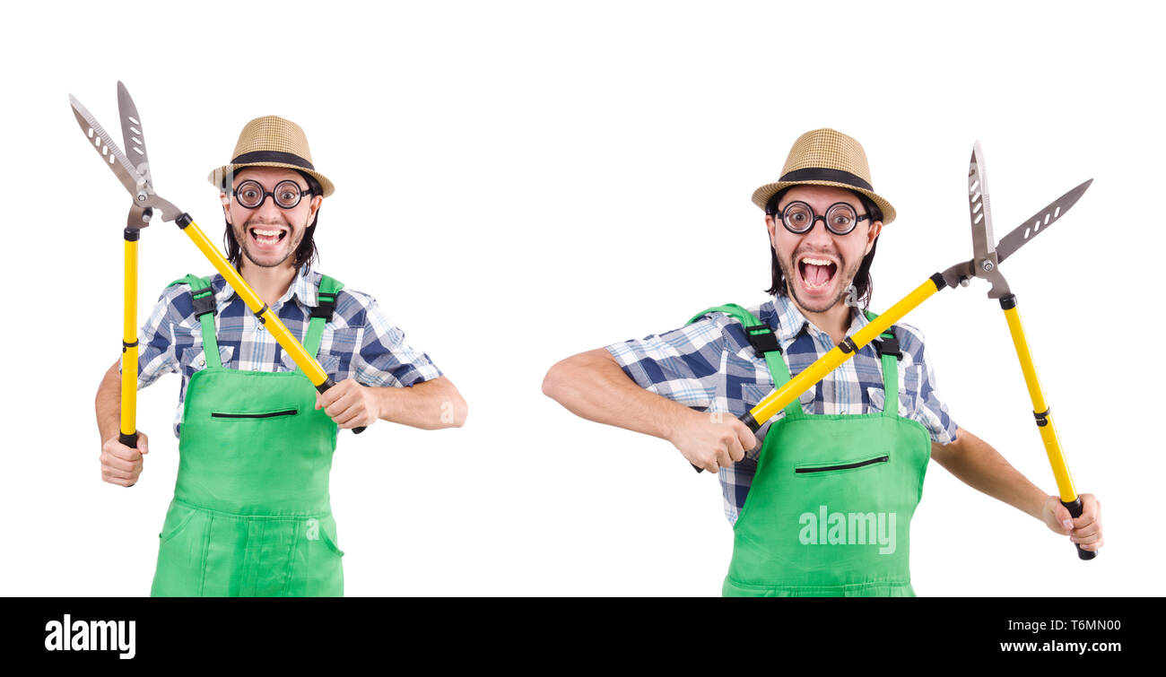 Funny gardener with shears isolated on white Stock Photo - Alamy