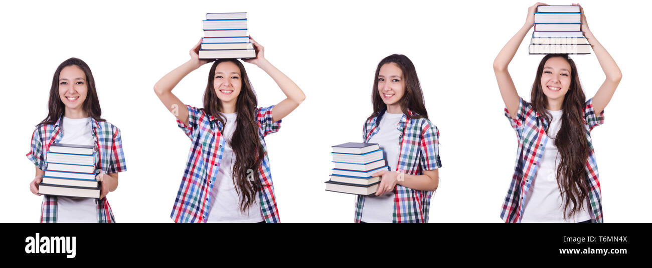 Student girl with many books on white Stock Photo - Alamy