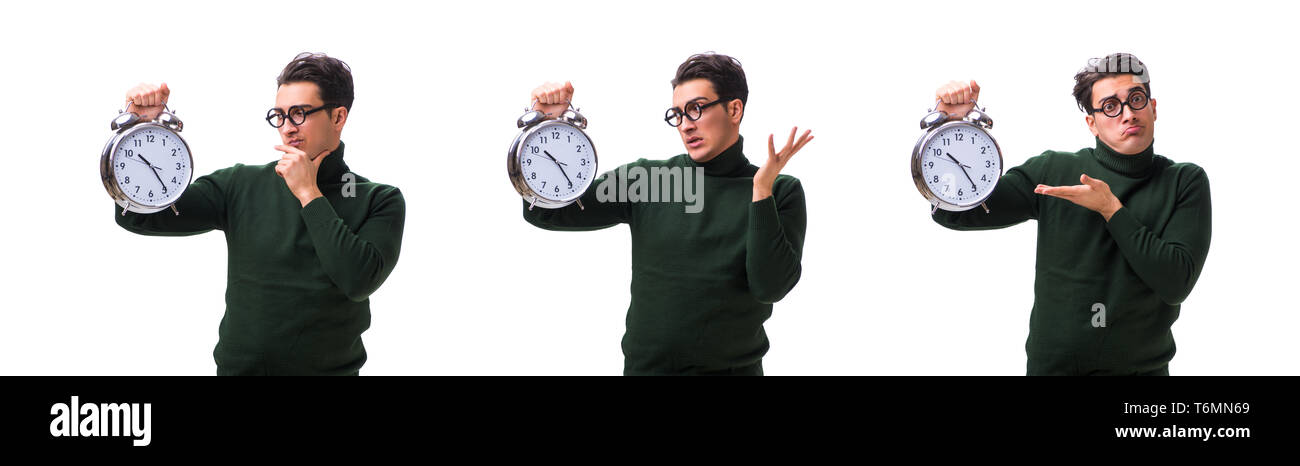 Nerd young money with giant clock isolated on white Stock Photo - Alamy