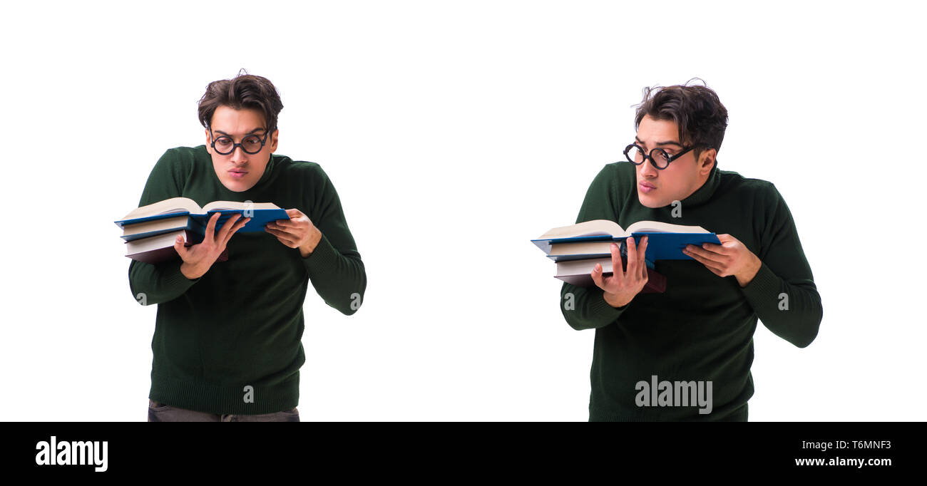 Nerd young student with books isolated on white Stock Photo - Alamy