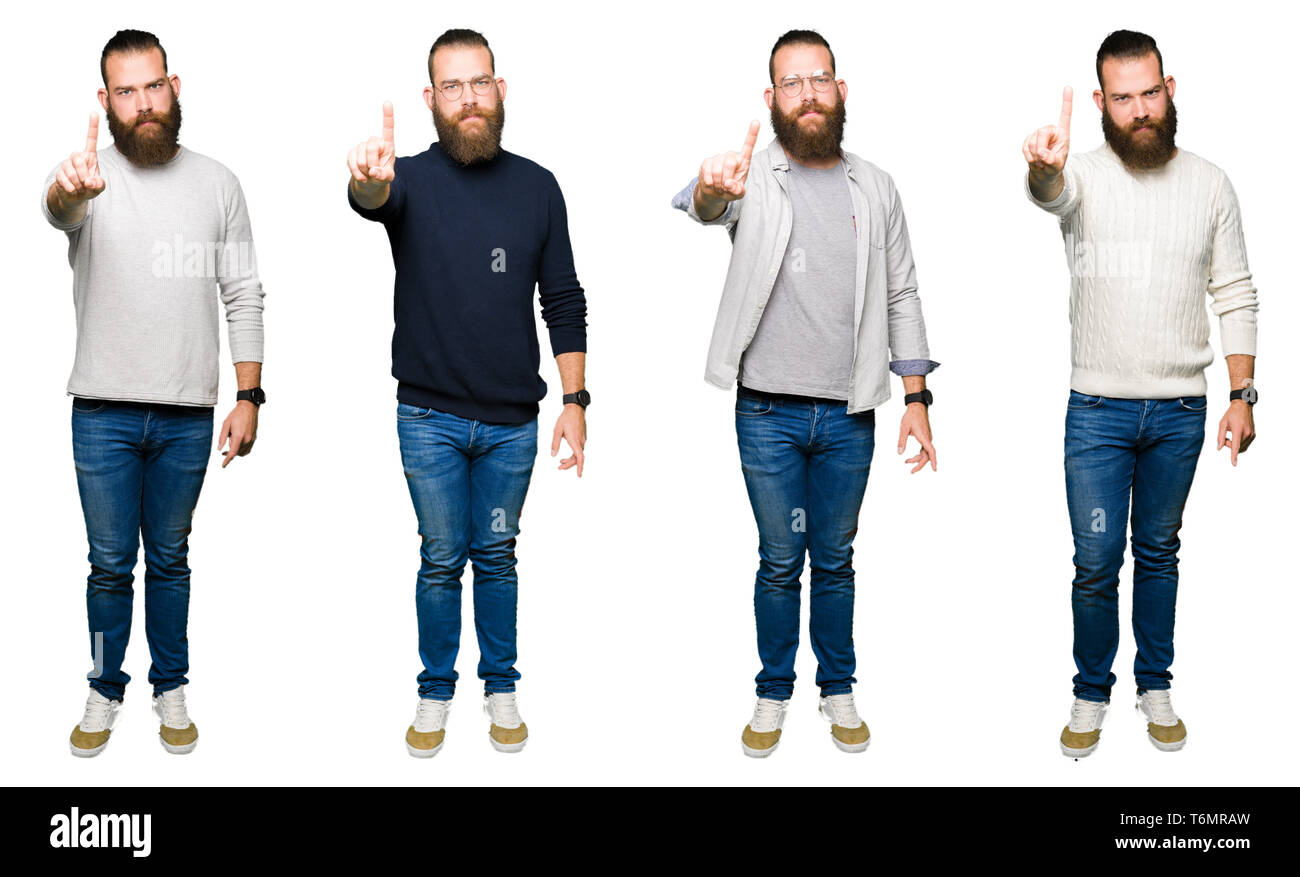 Collage of young man with bun over white isolated background Pointing ...