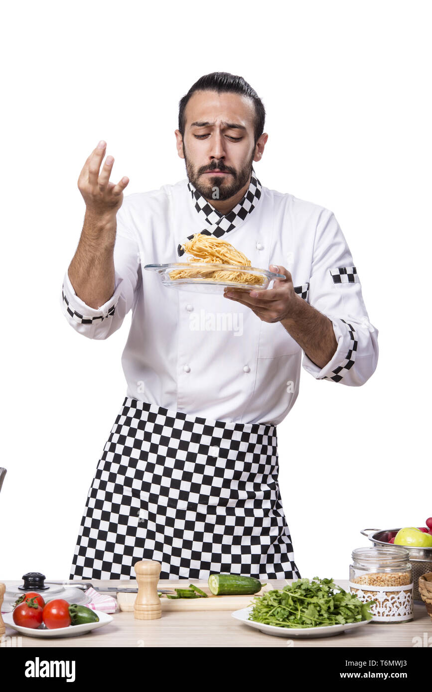 Funny male cook isolated on the white background Stock Photo - Alamy