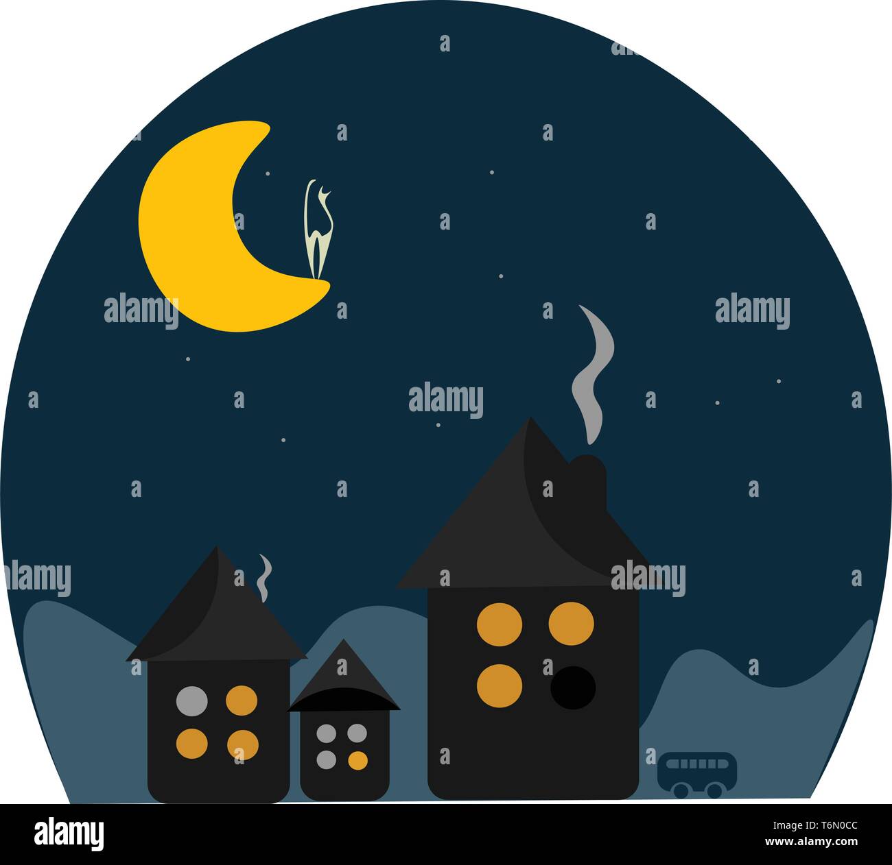 Shadow of 3 beautiful houses with burning chimney and a cat on the moon ...