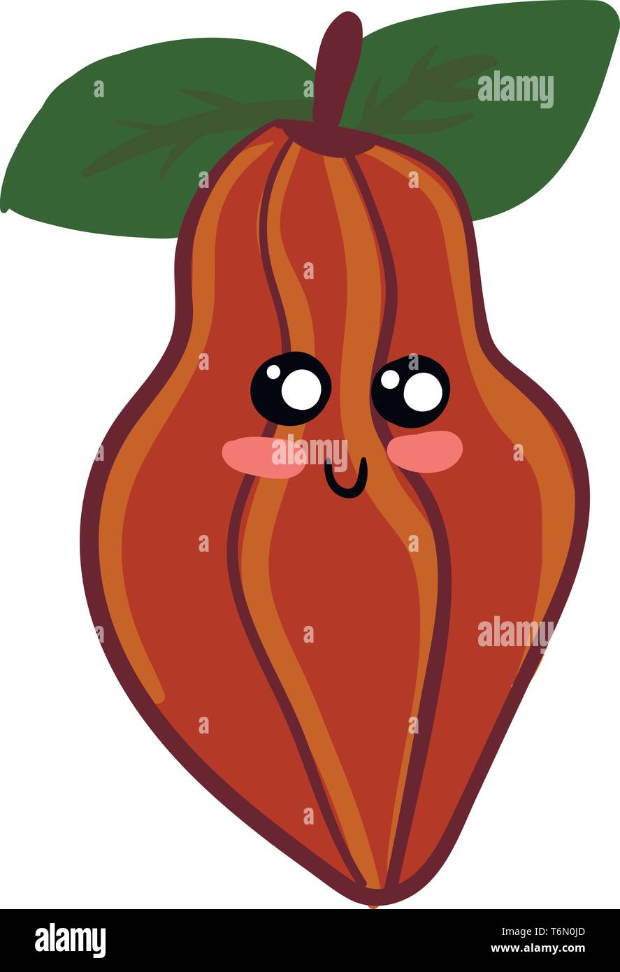 A cute happy red cacao with two green leaves and pink chin vector color ...