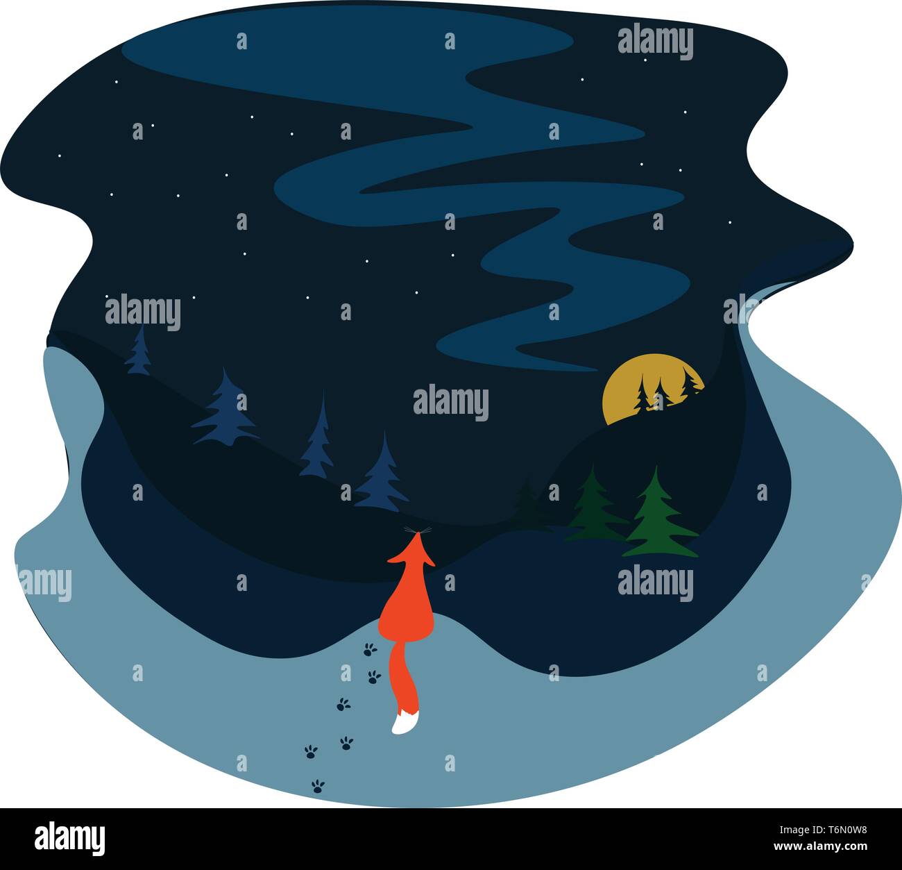 A beautiful night landscape from a mountain with a fox on the top of a ...