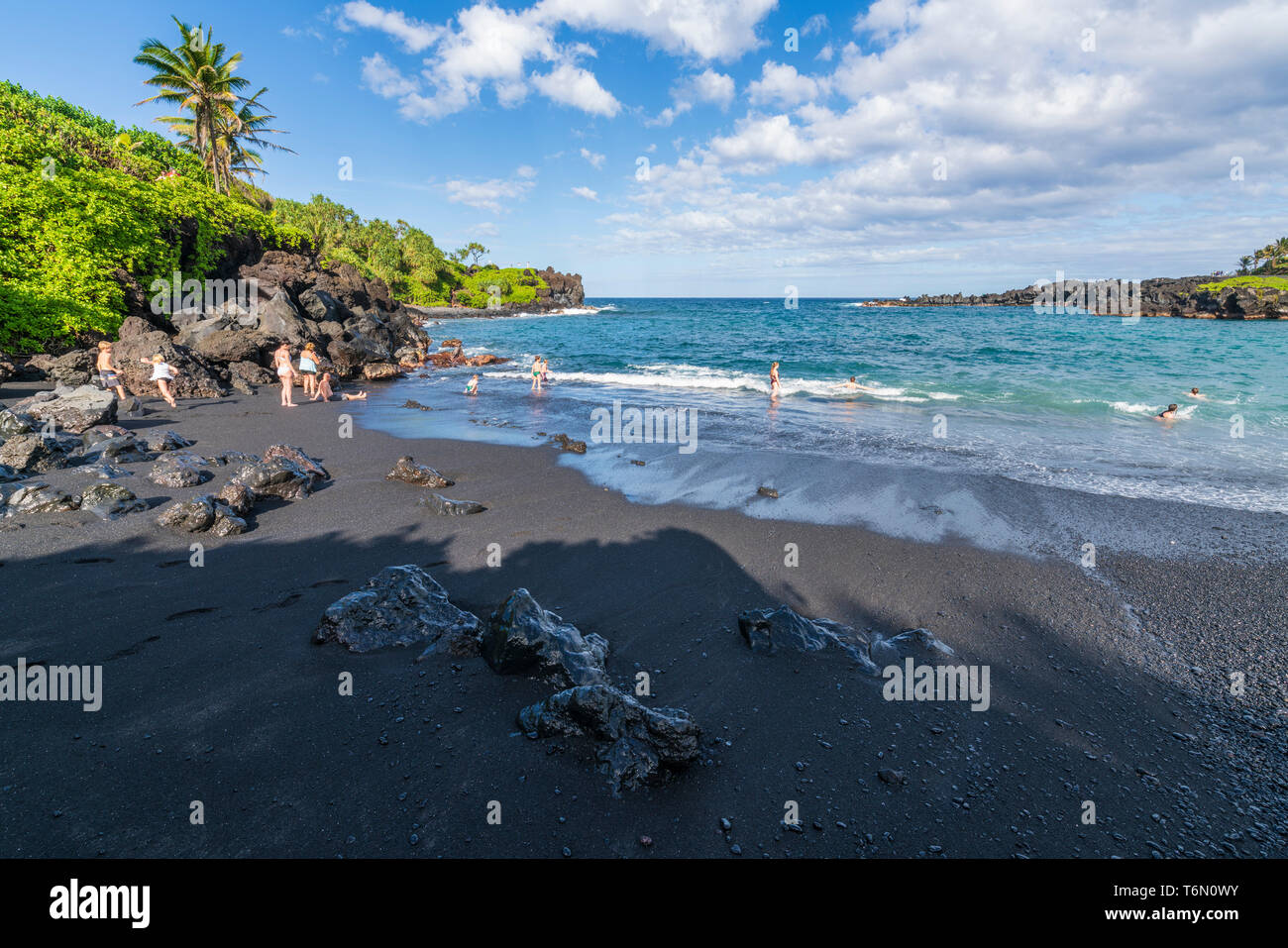 Black Sand Beach In The Waianapanapa State Park Maui Hawaii Stock