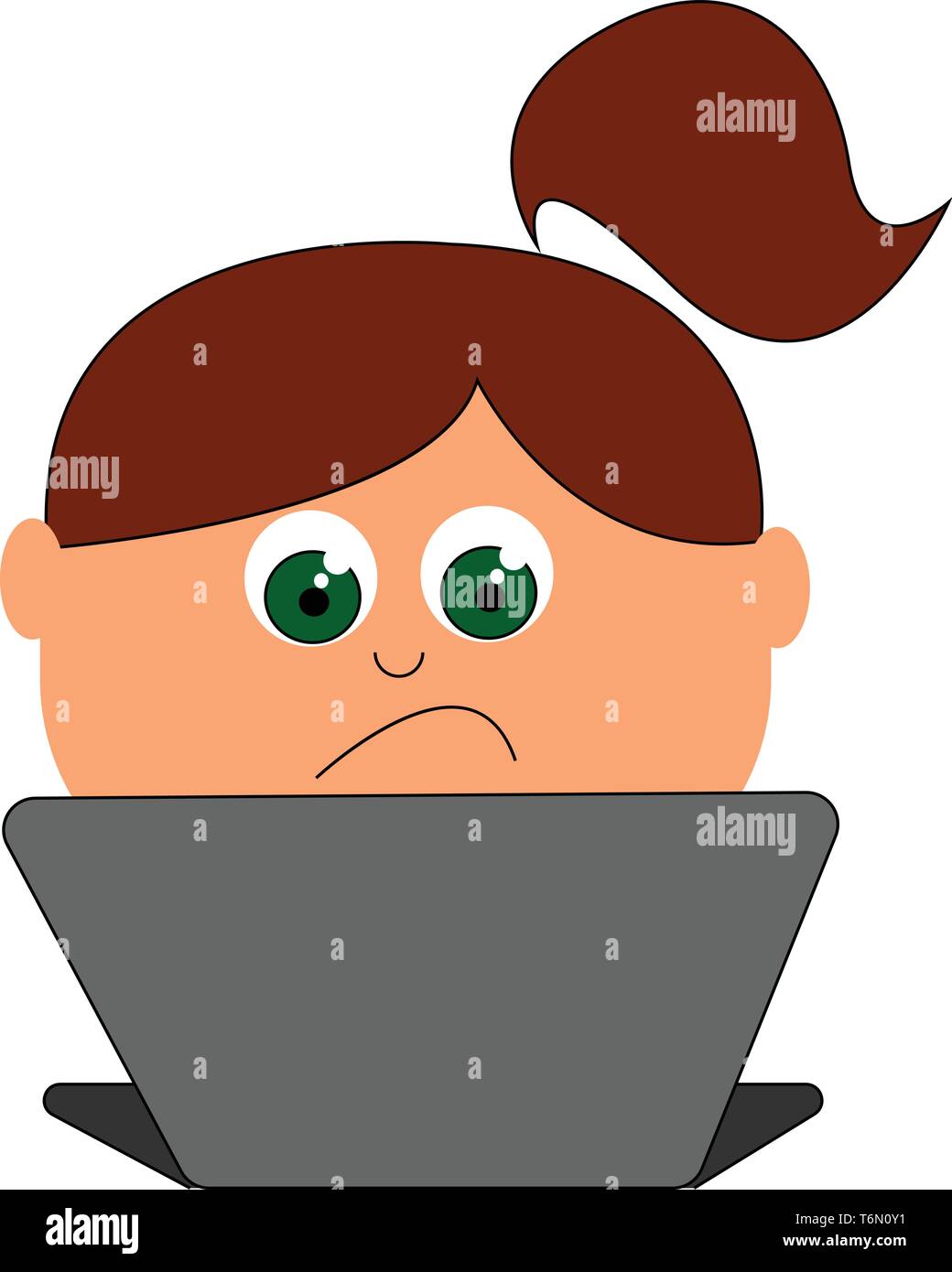 A angry girl with laptop working on it with large green eyes vector ...