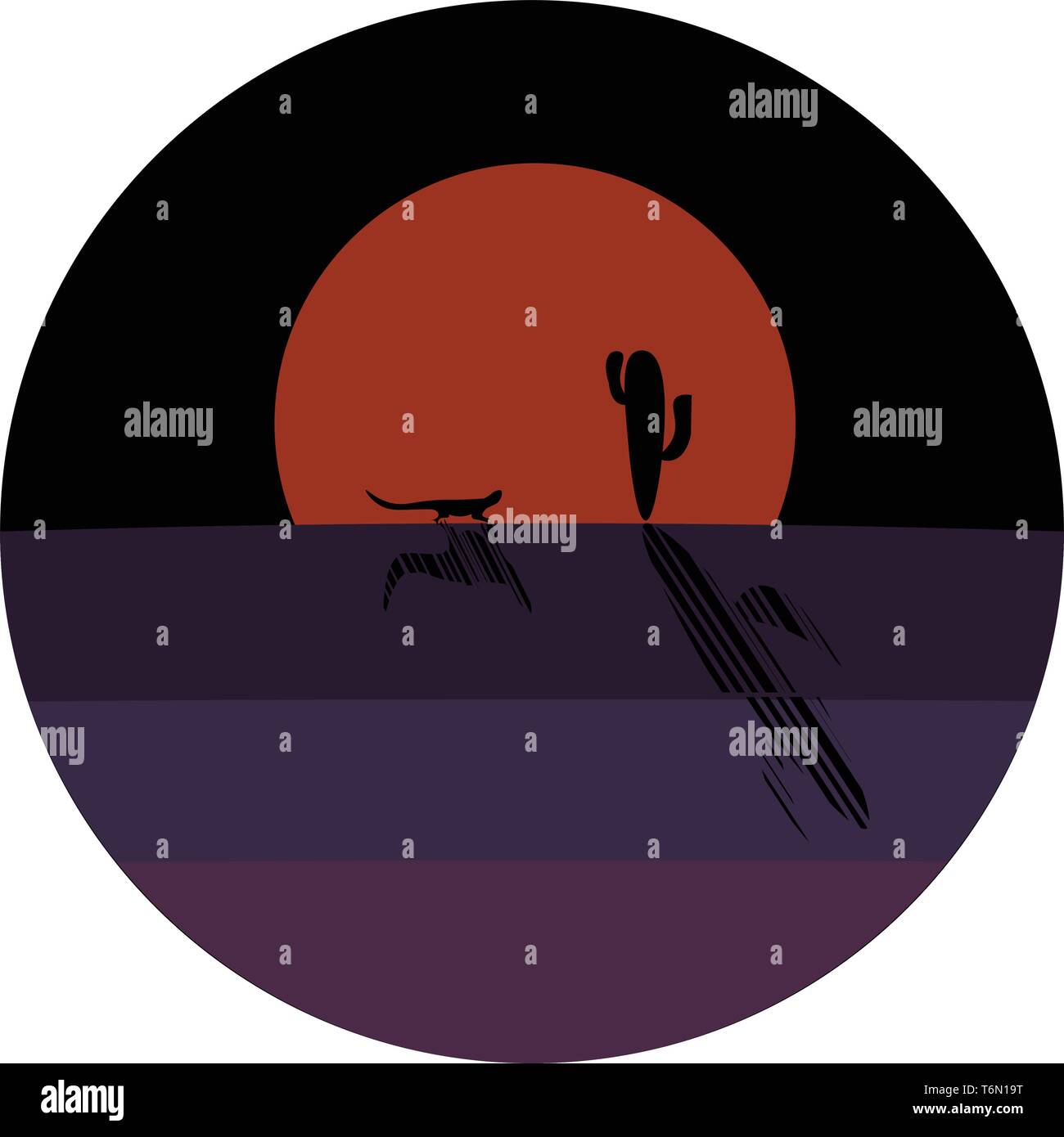 Portrait of a desert with a wolf and a cactus plant at night over dark ...