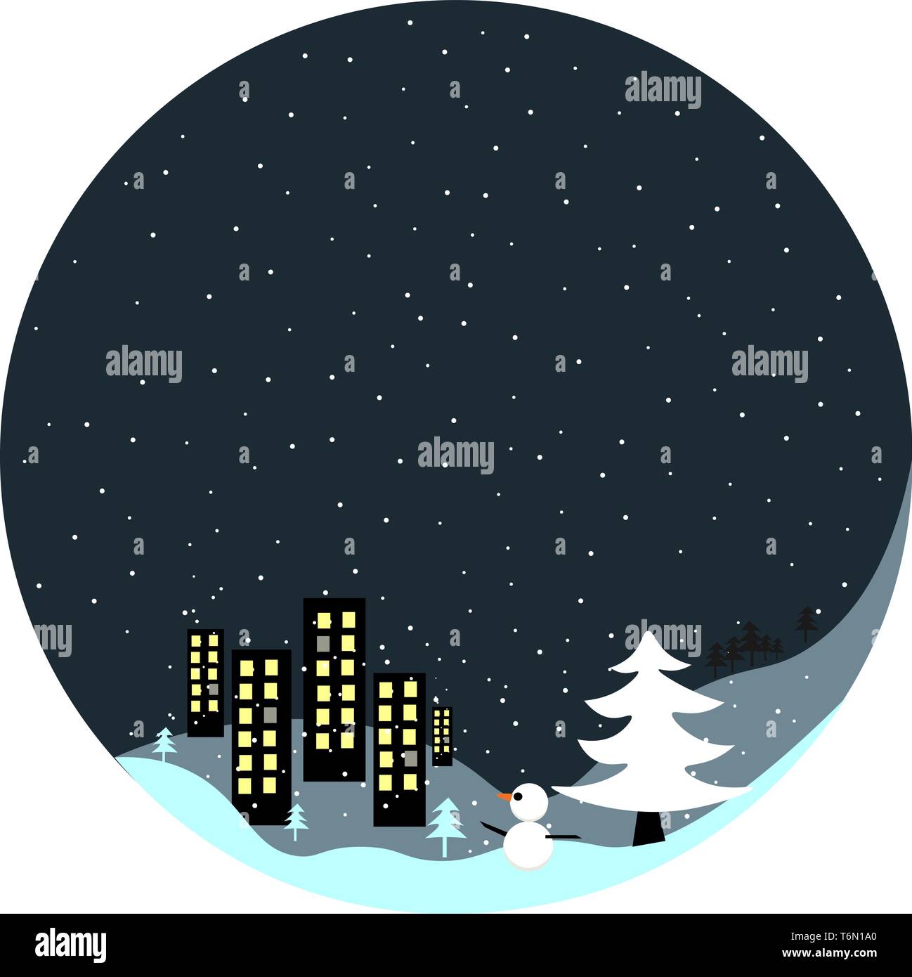 Portrait of a winter town with tall buildings spruce tree covered with ...