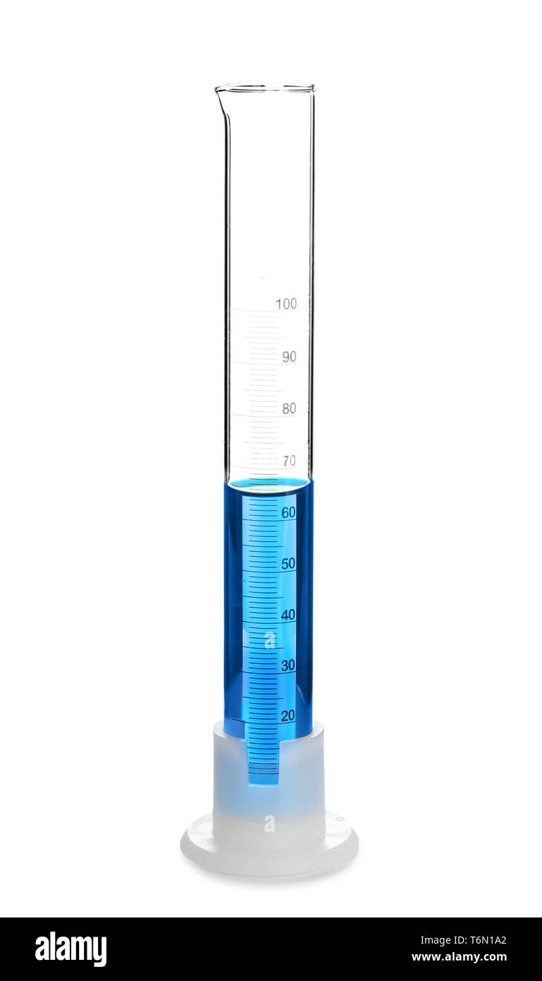 Graduated cylinder with blue liquid on white background Stock Photo - Alamy