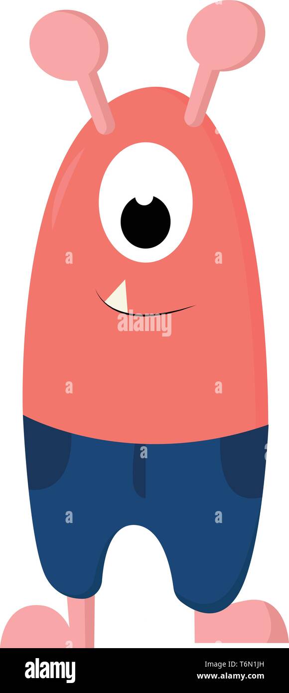 Cartoon funny one-eyed pink monster standing in his blue shorts has two ...