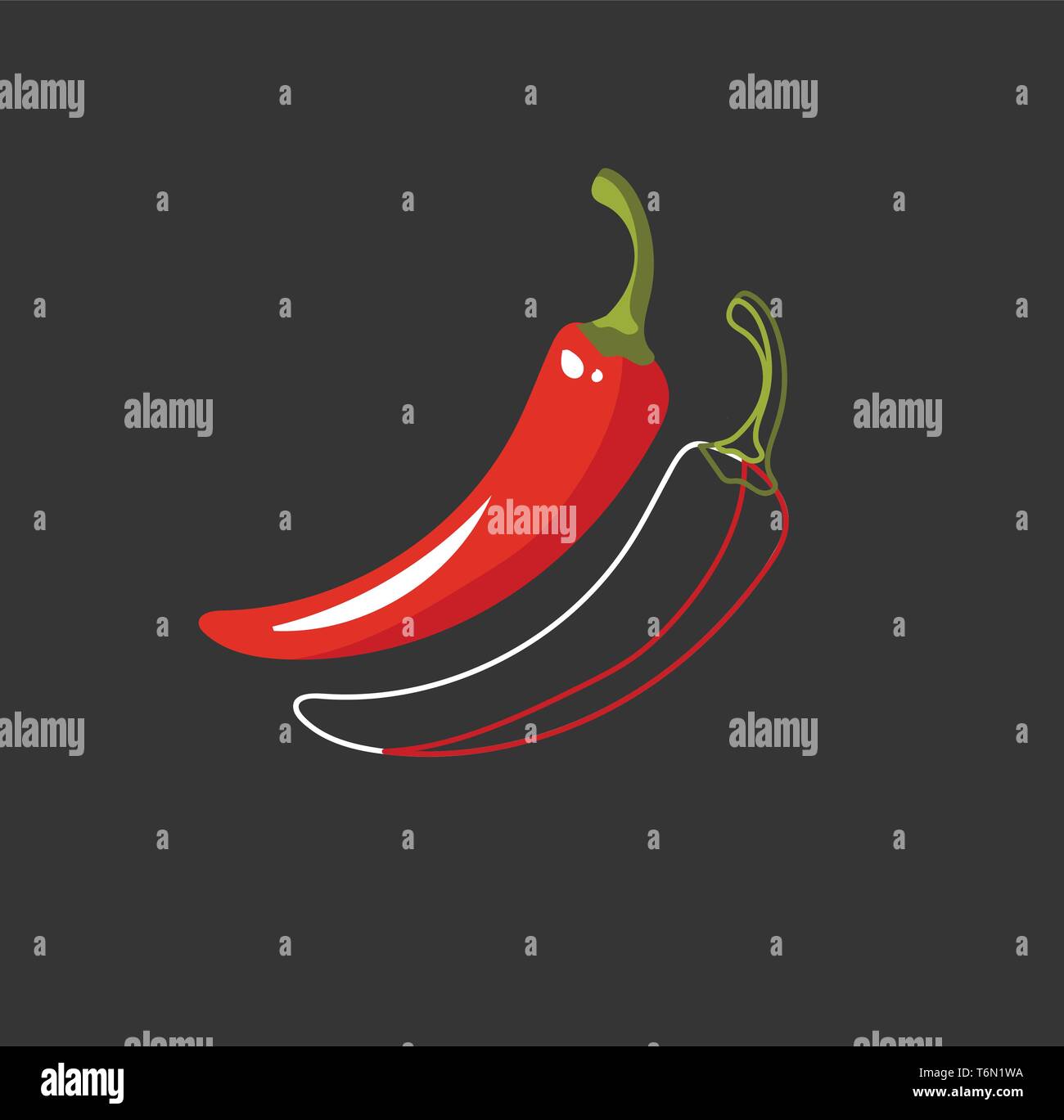 Portrait of red hot chilly peppers with short green stalks depicted ...
