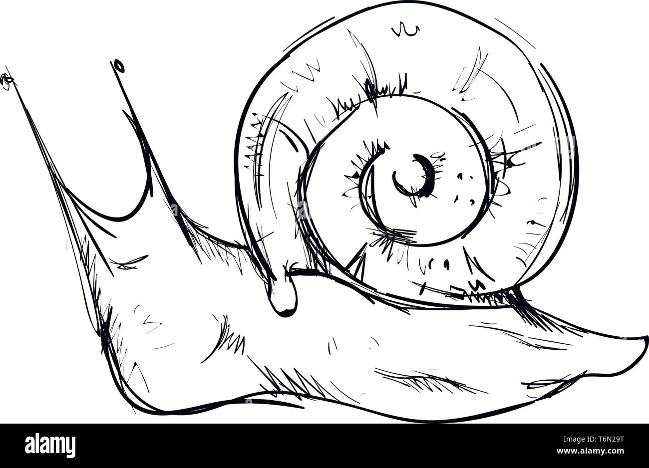 Sketch of a cartoon snail with two eyes and a dark rose spiral shell is ...