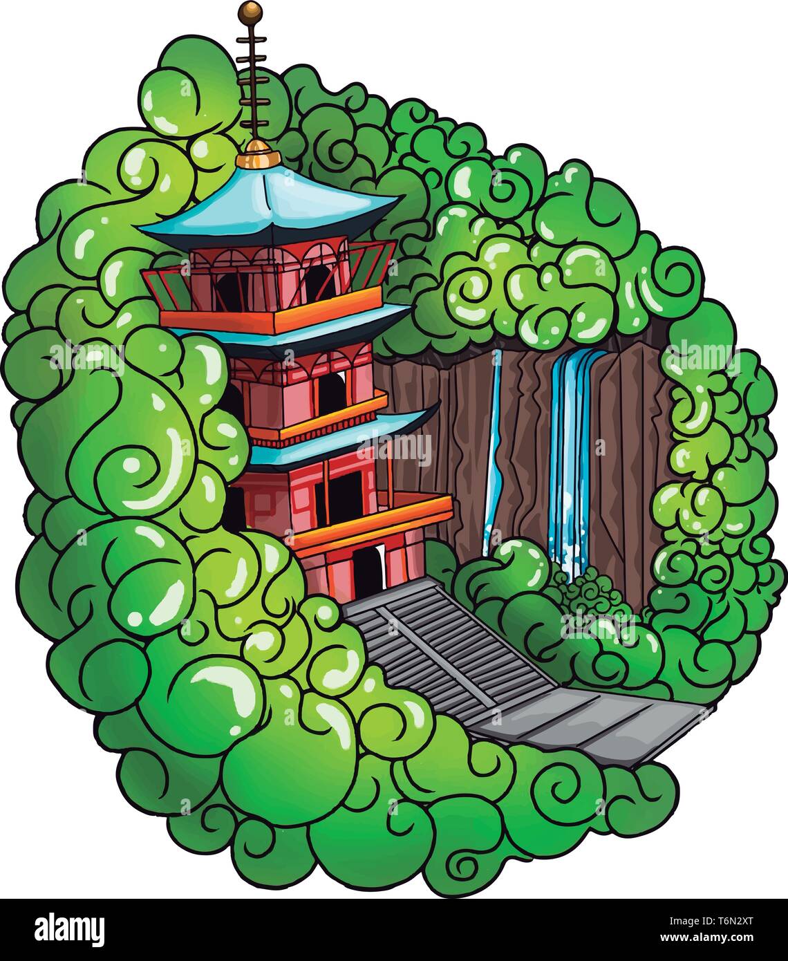A castle in a greeny forest with a waterfall near by it vector color ...