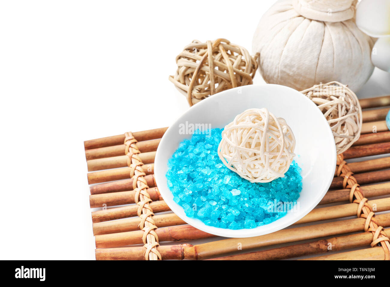 Bowl with sea salt for spa procedures on white background Stock Photo ...