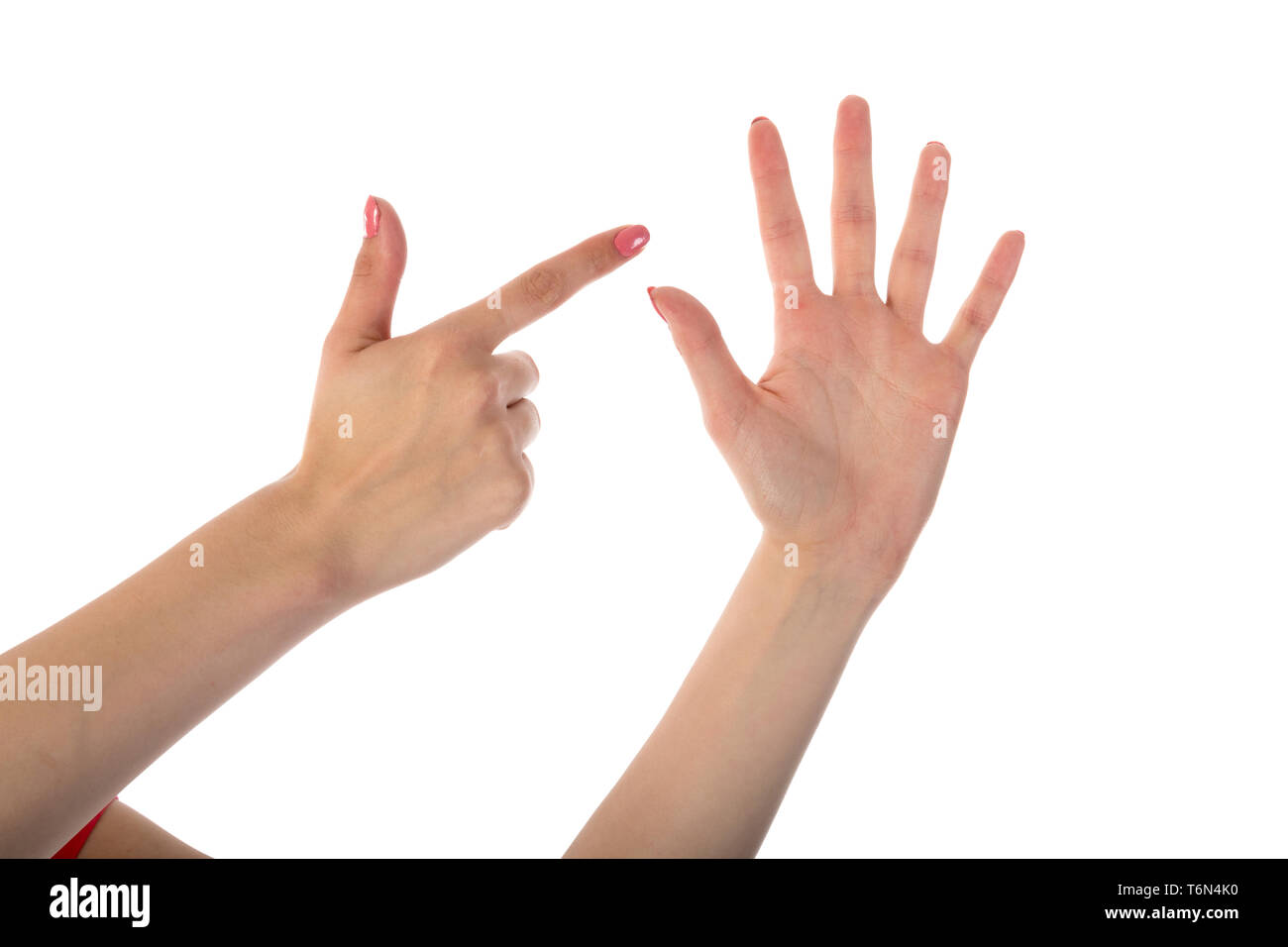 Female hands showing seven fingers isolated on white background Stock ...