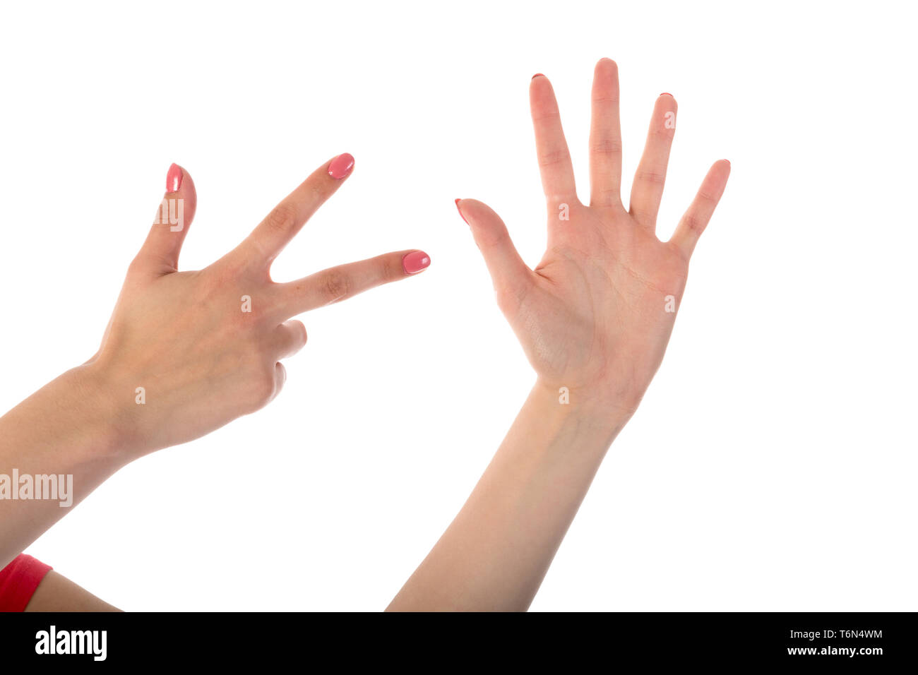 Female hands showing eight fingers isolated on white background Stock ...