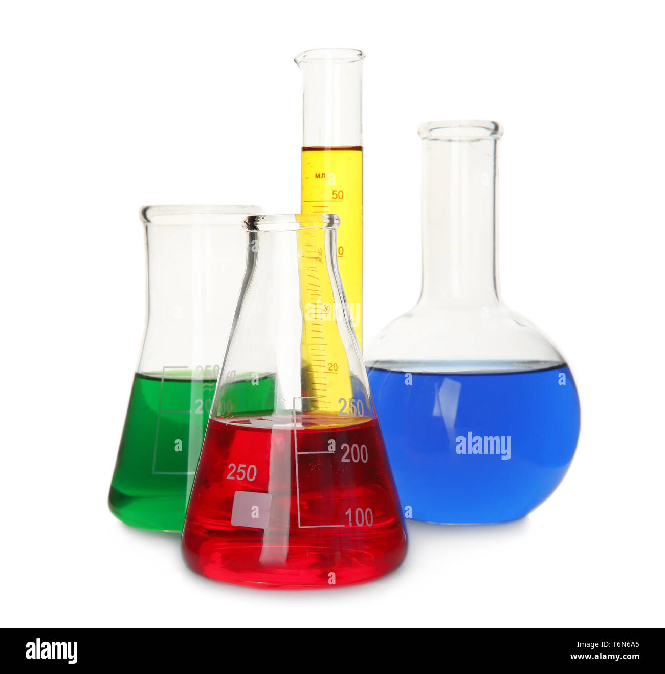 Test flasks with color samples on white background Stock Photo - Alamy