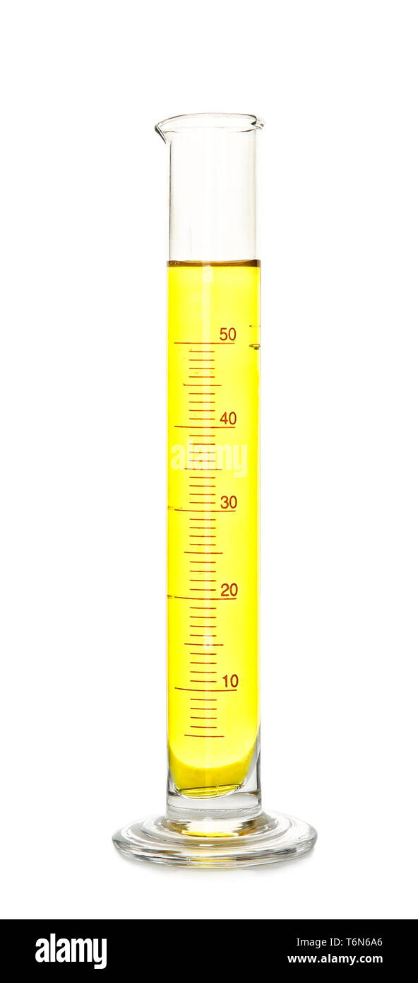 Graduated cylinder with color sample on white background Stock Photo ...