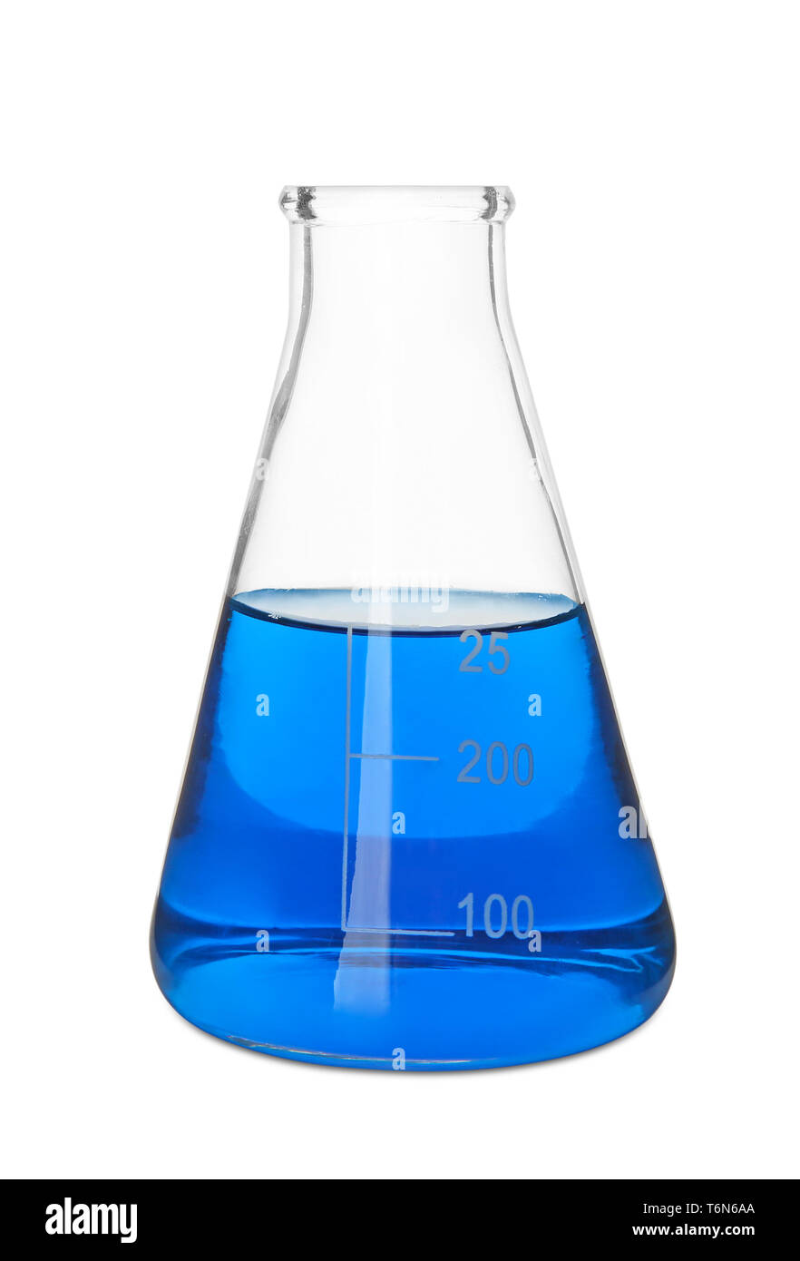 Test flask with blue sample on white background Stock Photo - Alamy