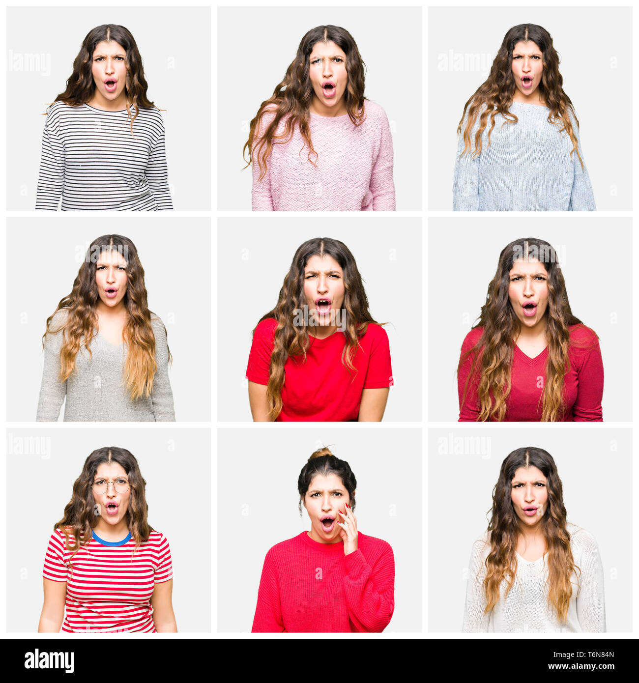 Collage of beautiful young woman wearing different looks over white ...