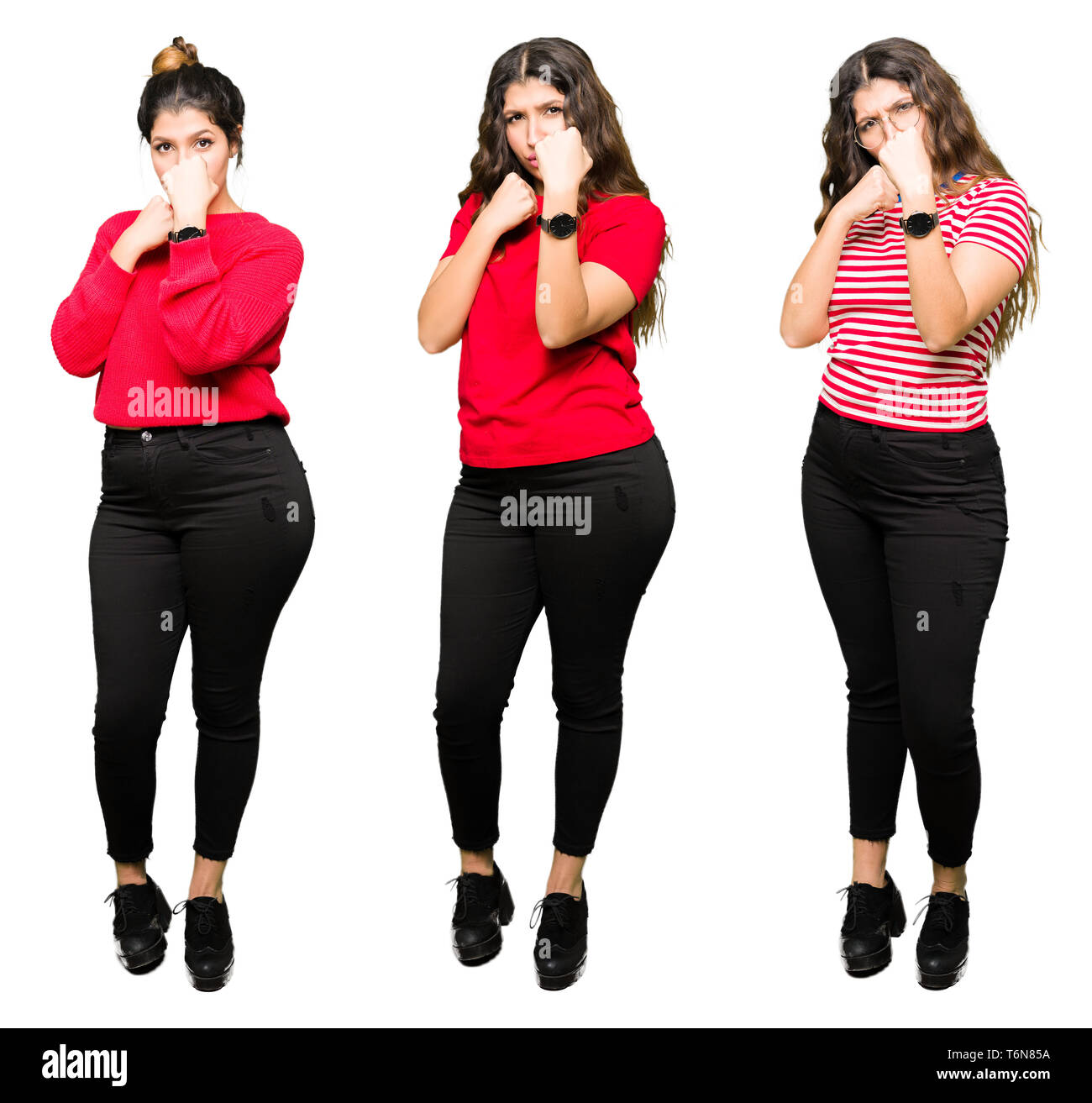 Collage of beautiful young woman over white isolated background Ready ...