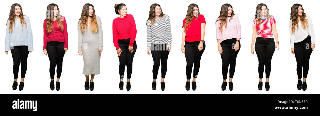 Collage of beautiful young woman wearing different looks over white ...