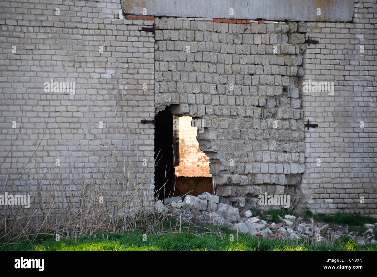 Old soviet brick abandoned building. Collapsing brick construction ...