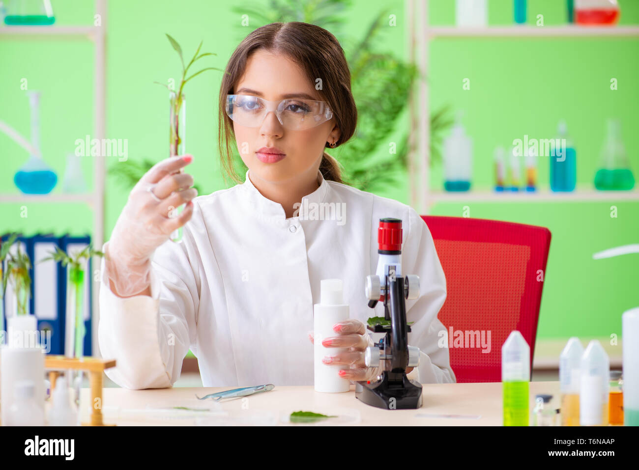 The beautiful female biotechnology scientist chemist working in lab ...